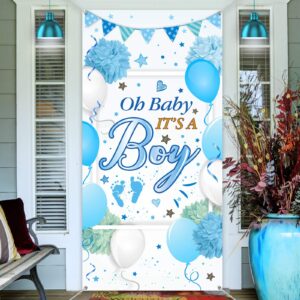 baby shower decorations, welcome it is a boy sign banner door cover blue photo backdrop for baby shower party supplies, 70.87 x 35.43 inch