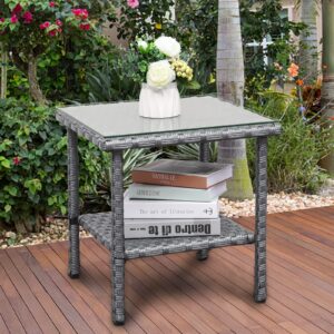 outdoor pe wicker side table - patio rattan garden coffee end square table with glass top furniture, grey