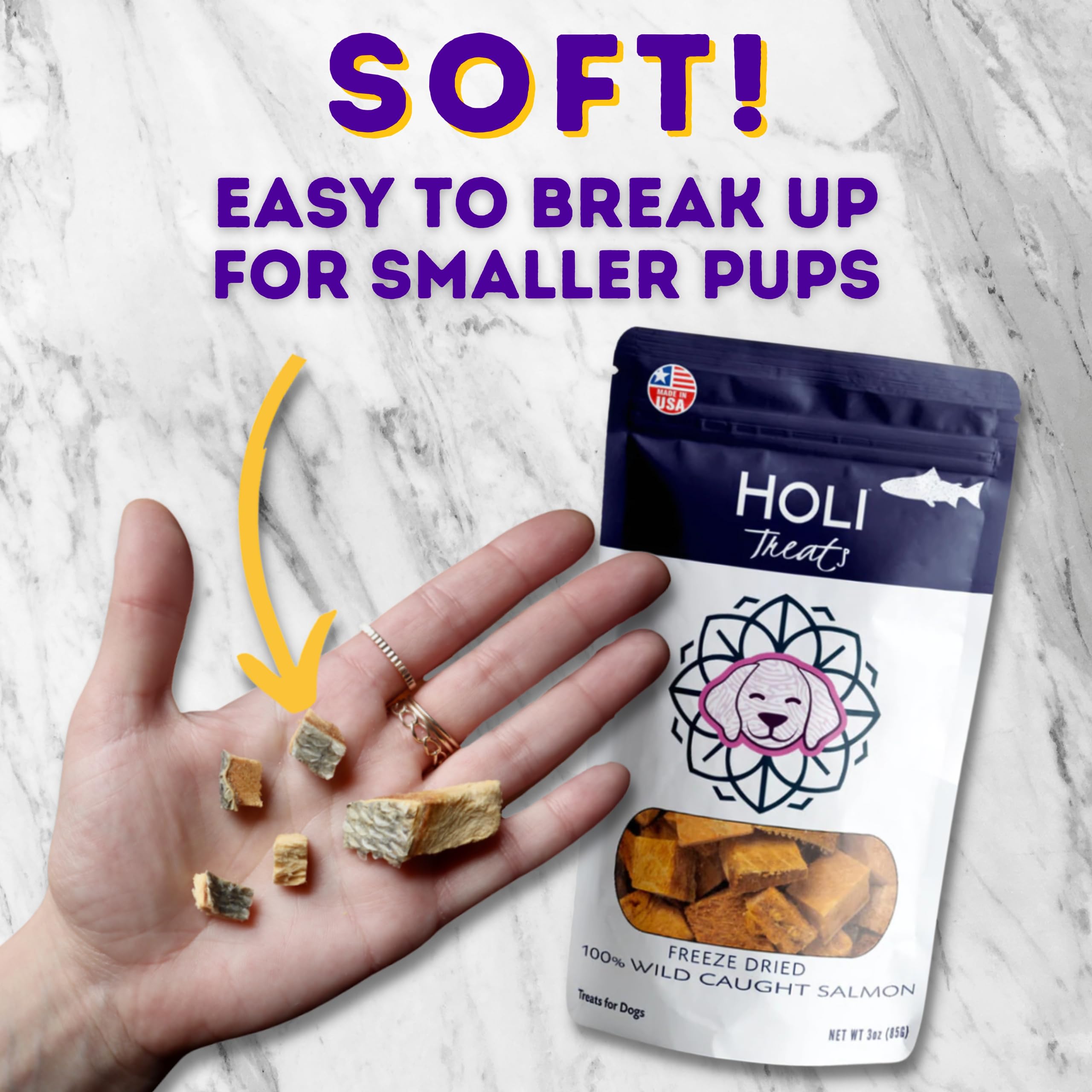 HOLI Freeze Dried Salmon Dog Treats - with Omega 3 and 6 Fish Oil - All Natural Dog Treats - Human Grade - Wild Caught Skin on Salmon - Made in USA - Grain Free - Diabetic Friendly