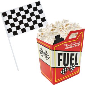 4e's novelty 24 race car popcorn treat boxes with 24 checkered flags, black and white racing flag 6" x 4" (serves 24) for race car birthday party supplies, monster truck, racing theme decorations