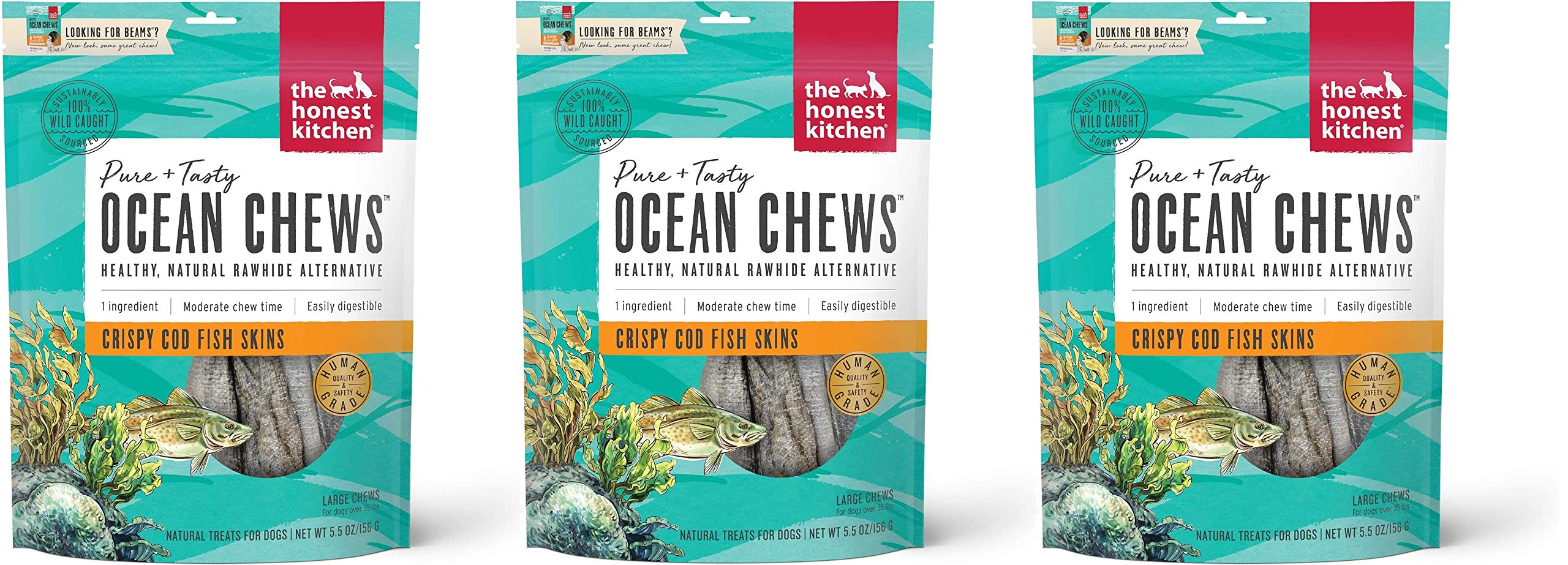 The Honest Kitchen 3 Pack of Crispy Cod Fish Skins Ocean Chews Single-Ingredient Dog Treats, 5.5 Ounces Each