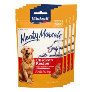 vitakraft meaty morsels treats for dogs - chicken with beef and carrots - super soft dog treats - two layers of gently oven-baked meaty goodness - multi pack of 4