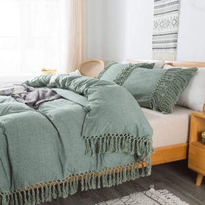 tassels style sage green duvet cover set king size (1 duvet cover + 2 pillowcases) 100% washed cotton soft breathable for all seasons