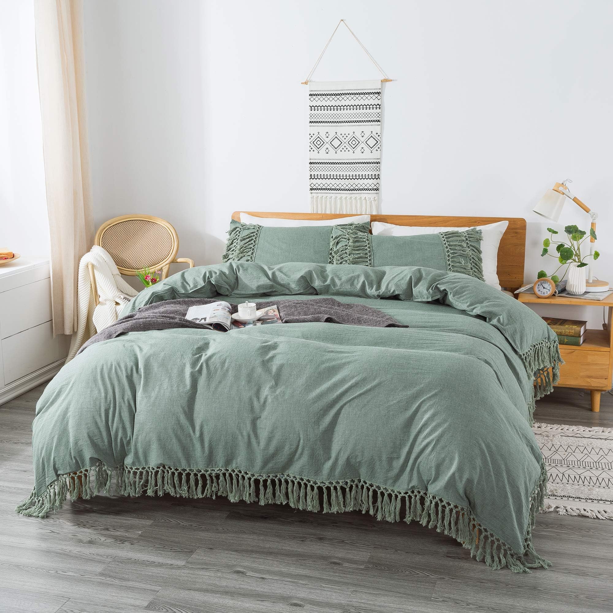 Tassels Style Sage Green Duvet Cover Set King Size (1 Duvet Cover + 2 Pillowcases) 100% Washed Cotton Soft Breathable for All Seasons