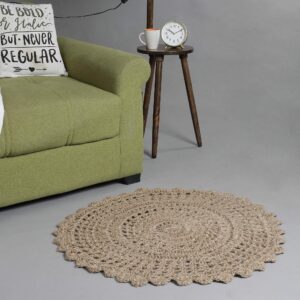 the beer valley jute crochet hand woven rug, 3' round - natural, anti slip handmade scalloped small accent rugs for patio, kitchen boho décor - 3 feet round