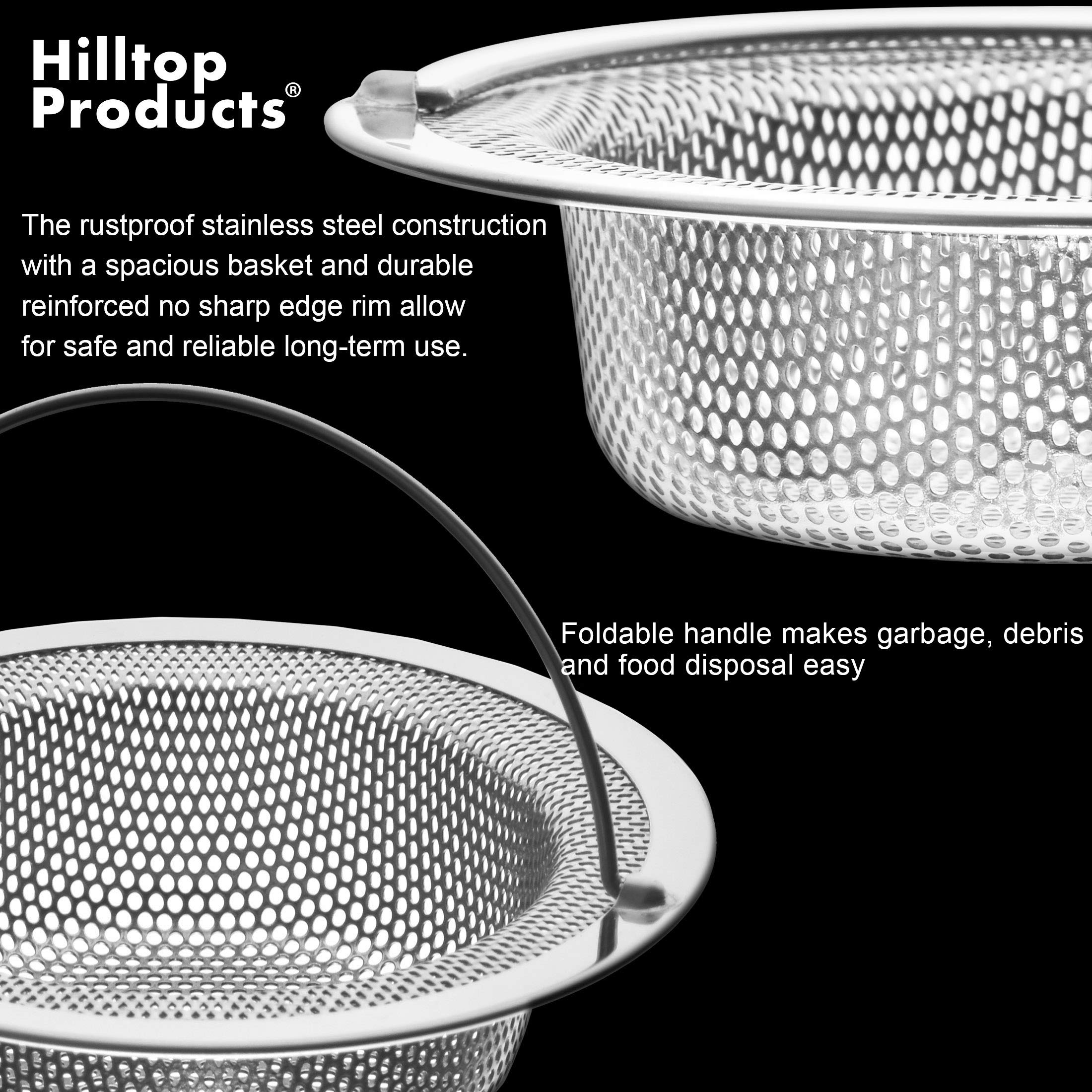 2 Pack - 4.5" Top / 3" Basket - Kitchen Sink Drain Strainer Stainless Steel Large Basket Food Catcher with Handle. Fast Flow and Effective 2/16" Holes