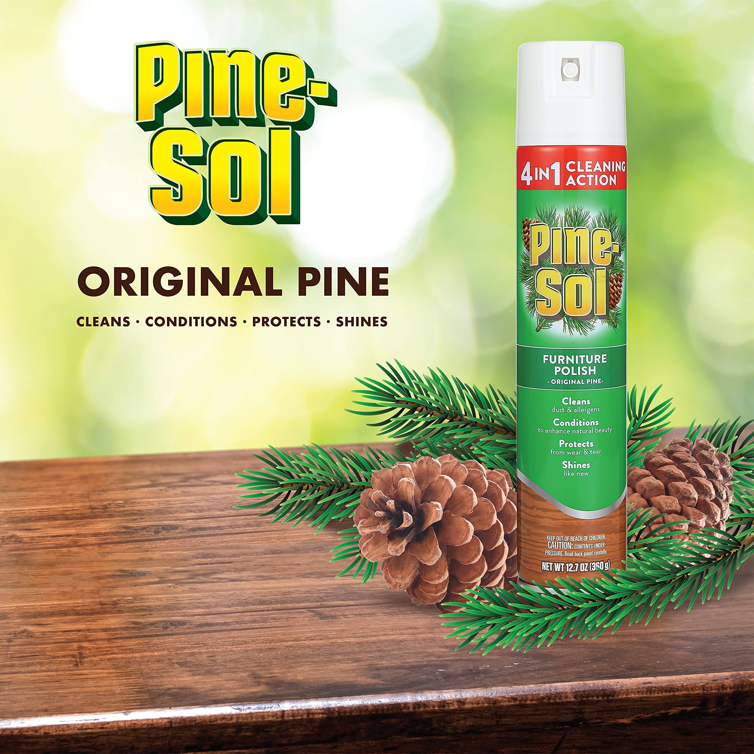 Pine-Sol Furniture, Polish 4in1 Cleaning Action Wood Polish Spray Wood Polish Spray for Your Cleans Conditions Protects and Shines Ounces Original Pine Scent, Yellow, Lemon, 12.7 Fl Oz