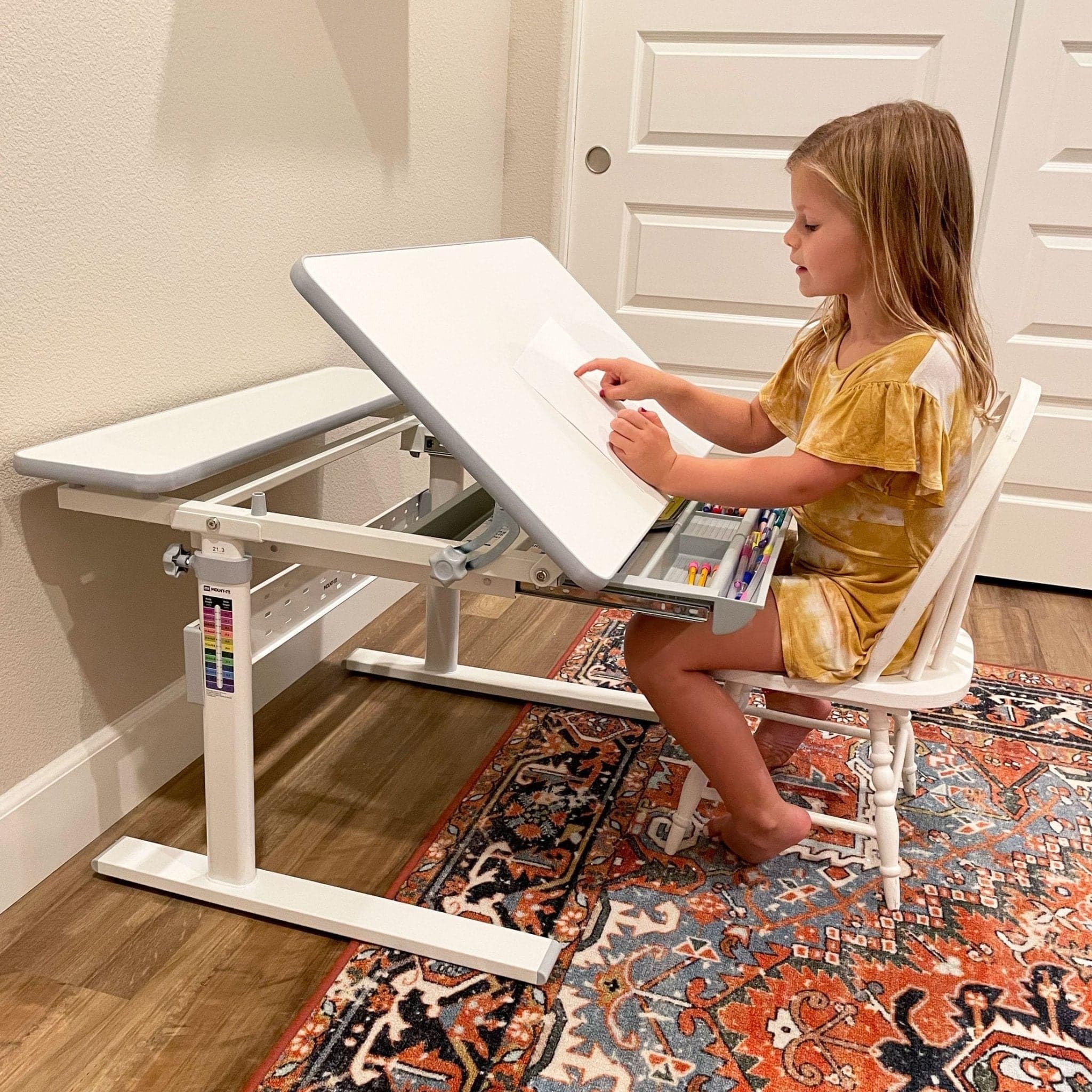 Mount-It! Height Adjustable Desk for Kids [31.5" x 26"] Children's Workstation with Tilting Desktop and Drawer for Storage, Ergonomic Study Table for Writing, Drawing, Reading, Studying (Gray)