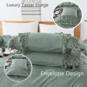 Tassels Style Sage Green Duvet Cover Set King Size (1 Duvet Cover + 2 Pillowcases) 100% Washed Cotton Soft Breathable for All Seasons