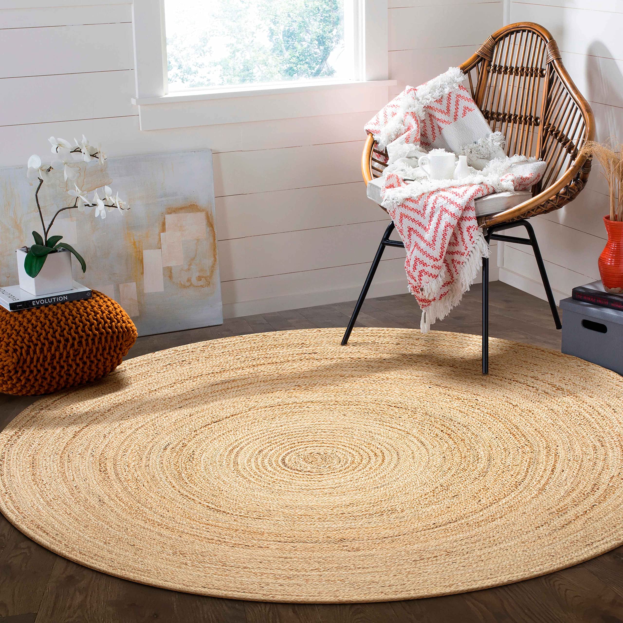 THE BEER VALLEY Jute Braided Boho Area Rug, 8' Round - Natural, Hand Woven Farmhouse Reversible Rugs for Living Room, Kitchen, Bedroom, Sunroom Rustic Decor - 8 Feet Round