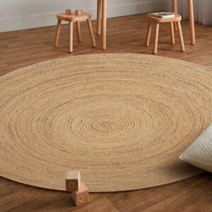 THE BEER VALLEY Jute Braided Boho Area Rug, 8' Round - Natural, Hand Woven Farmhouse Reversible Rugs for Living Room, Kitchen, Bedroom, Sunroom Rustic Decor - 8 Feet Round