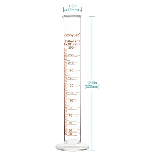 stonylab 1-Pack Graduated Cylinder, Borosilicate Glass 250 ml Heavy Wall Graduated Glass Measuring Cylinder