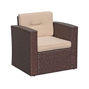 super patio pe wicker outdoor sofa, rattan patio chair, single armchair with beige cushion, additional seat for outdoor furniture set, sectional sofa, porch, garden, backyard, espresso brown