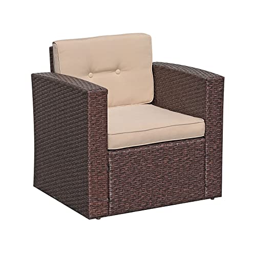 Super Patio PE Wicker Outdoor Sofa, Rattan Patio Chair, Single Armchair with Beige Cushion, Additional Seat for Outdoor Furniture Set, Sectional Sofa, Porch, Garden, Backyard, Espresso Brown