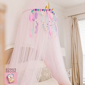 unicorn princess bed canopy for girls - unicorn kids canopy for bed - bed netting canopy for girls - hanging reading nook canopy for girls room - little girls canopy for queen bed with e-book