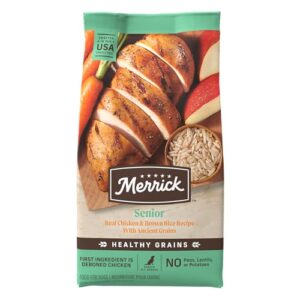 merrick healthy grains premium dry dog food, wholesome and natural dry chicken kibble, senior recipe - 4.0 lb. bag