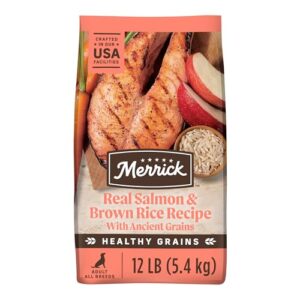 merrick healthy grains premium adult dry dog food, wholesome and natural kibble with salmon and brown rice - 12.0 lb. bag