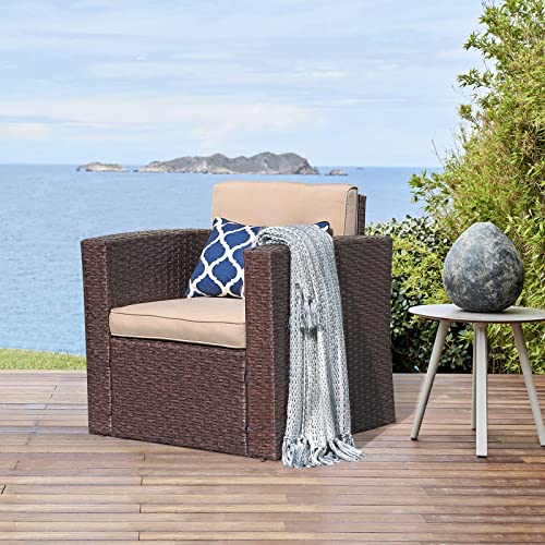 Super Patio PE Wicker Outdoor Sofa, Rattan Patio Chair, Single Armchair with Beige Cushion, Additional Seat for Outdoor Furniture Set, Sectional Sofa, Porch, Garden, Backyard, Espresso Brown