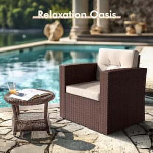 Super Patio PE Wicker Outdoor Sofa, Rattan Patio Chair, Single Armchair with Beige Cushion, Additional Seat for Outdoor Furniture Set, Sectional Sofa, Porch, Garden, Backyard, Espresso Brown