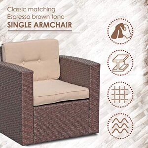 Super Patio PE Wicker Outdoor Sofa, Rattan Patio Chair, Single Armchair with Beige Cushion, Additional Seat for Outdoor Furniture Set, Sectional Sofa, Porch, Garden, Backyard, Espresso Brown