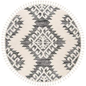 SAFAVIEH Moroccan Tassel Shag Collection Area Rug - 8' Round, Ivory & Grey, Boho Design, Non-Shedding & Easy Care, 2-inch Thick Ideal for High Traffic Areas in Living Room, Bedroom (MTS652F)