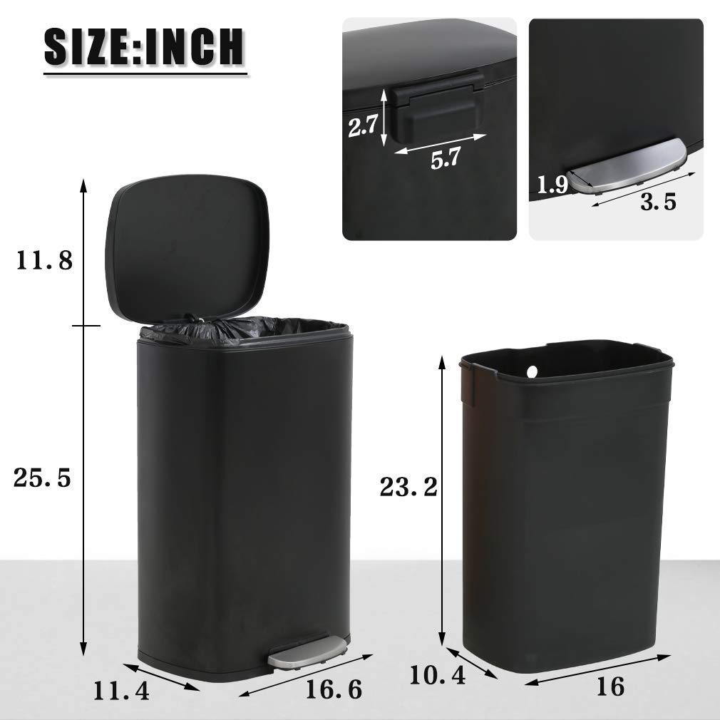 TYYPS 13 Gallon Black Stainless Steel Trash Can with Lid and Inner Plastic Bucket, 50 Liter Capacity, 13" x 13" x 15"