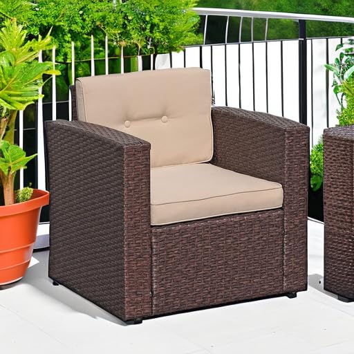 Super Patio PE Wicker Outdoor Sofa, Rattan Patio Chair, Single Armchair with Beige Cushion, Additional Seat for Outdoor Furniture Set, Sectional Sofa, Porch, Garden, Backyard, Espresso Brown