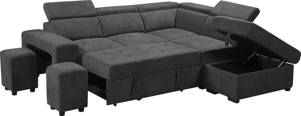 Lilola Home Henrik Dark Gray Sleeper Sectional Sofa with Storage Ottoman and 2 Stools