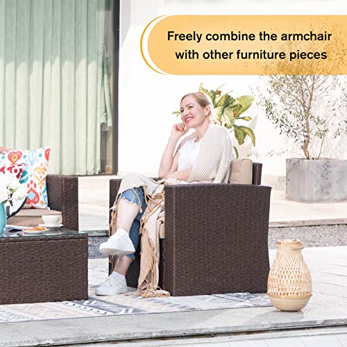 Super Patio PE Wicker Outdoor Sofa, Rattan Patio Chair, Single Armchair with Beige Cushion, Additional Seat for Outdoor Furniture Set, Sectional Sofa, Porch, Garden, Backyard, Espresso Brown