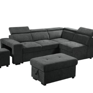 Lilola Home Henrik Dark Gray Sleeper Sectional Sofa with Storage Ottoman and 2 Stools