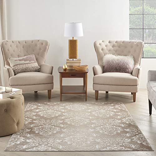 Nourison Elation Floral Ivory Mocha 5'3" x 7'3" Area -Rug, Easy -Cleaning, Non Shedding, Bed Room, Living Room, Dining Room, Kitchen (5x7)