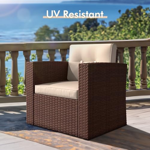 Super Patio PE Wicker Outdoor Sofa, Rattan Patio Chair, Single Armchair with Beige Cushion, Additional Seat for Outdoor Furniture Set, Sectional Sofa, Porch, Garden, Backyard, Espresso Brown