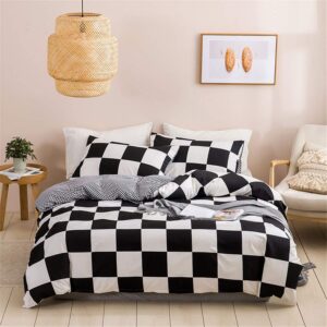 black and white plaid duvet cover set full size, reversible geometric grid bedding quilt cover for boys teens adults room decor, soft lattice checkerd comforter cover with 2 pillowcases, no filler