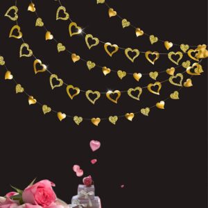 cheerland 56.4 ft glitter gold heart garland shiny valentines day decoration mothers day banner backdrop hanging decor engagement bachelorette wedding bridal shower streamer anniversary party supplies