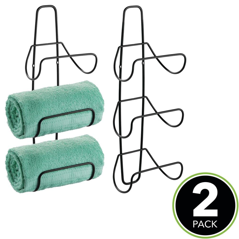 mDesign Metal Wall Mount 3 Level Bathroom Towel Rack Holder & Organizer - for Storage of Washcloths, Hand Towels - Use in Guest, Master, Kid's Bathrooms - 2 Pack - Black