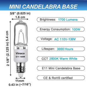 Vinaco E11 Light Bulb, 2 Pack E11 Halogen Bulb 100W Long Lasting Lifespan, T4 E11 Dimmable, High Output 1700LM JDE11 120V 100W with E11 Mini Candelabra Base, 2800K Warm White E11 Bulb