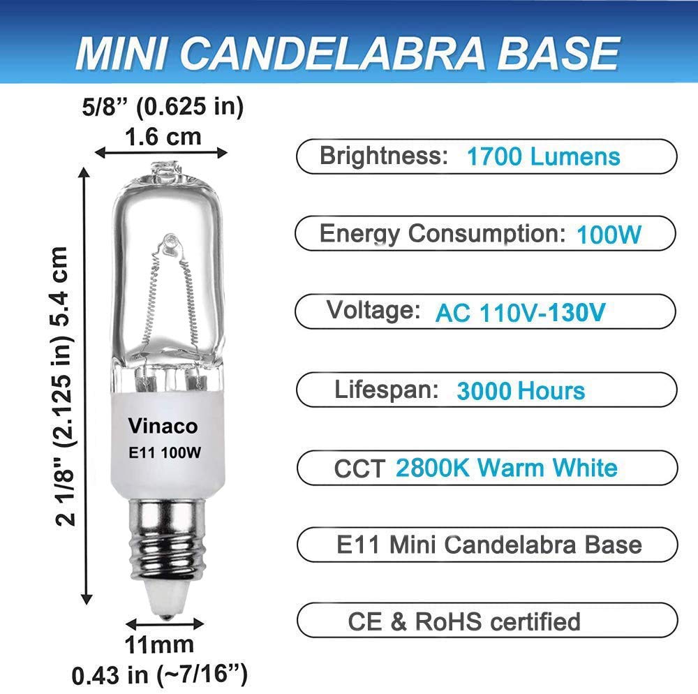 Vinaco E11 Light Bulb, 2 Pack E11 Halogen Bulb 100W Long Lasting Lifespan, T4 E11 Dimmable, High Output 1700LM JDE11 120V 100W with E11 Mini Candelabra Base, 2800K Warm White E11 Bulb