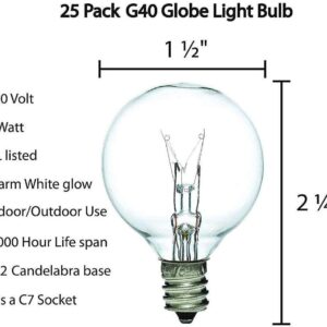 Konictom 25 Pack G40 Clear Globe Light Bulbs, 1.5 Inch Night Light Replacement Bulbs for Indoor Outdoor Patio Decor, C7 Candelabra Socket Base, 5W