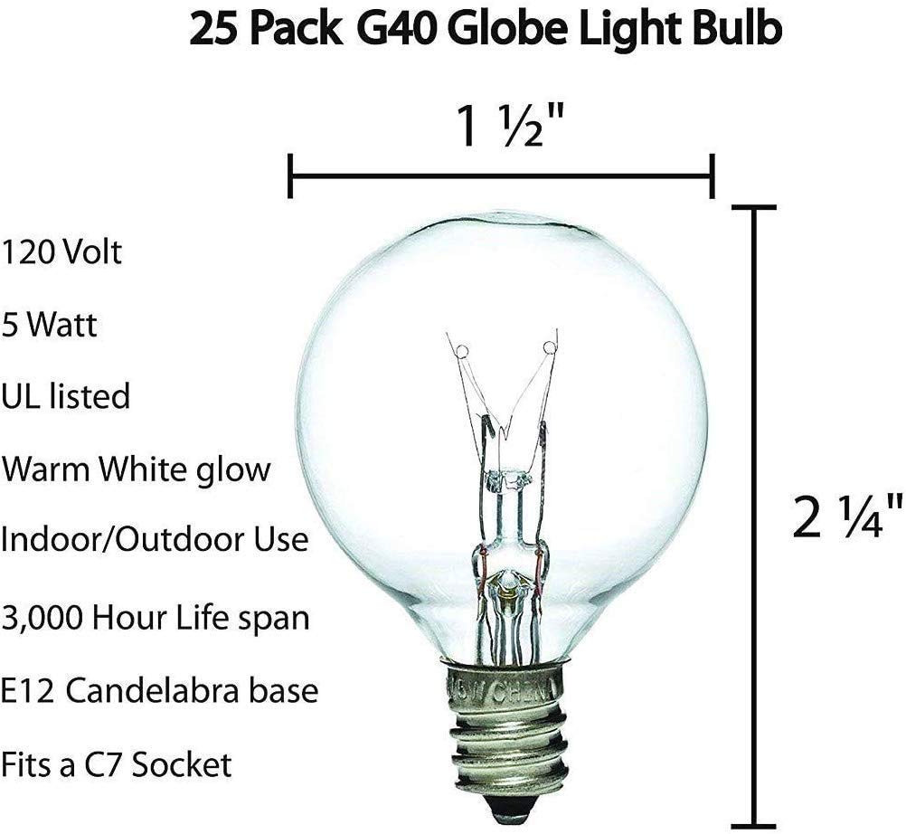 Konictom 25 Pack G40 Clear Globe Light Bulbs, 1.5 Inch Night Light Replacement Bulbs for Indoor Outdoor Patio Decor, C7 Candelabra Socket Base, 5W