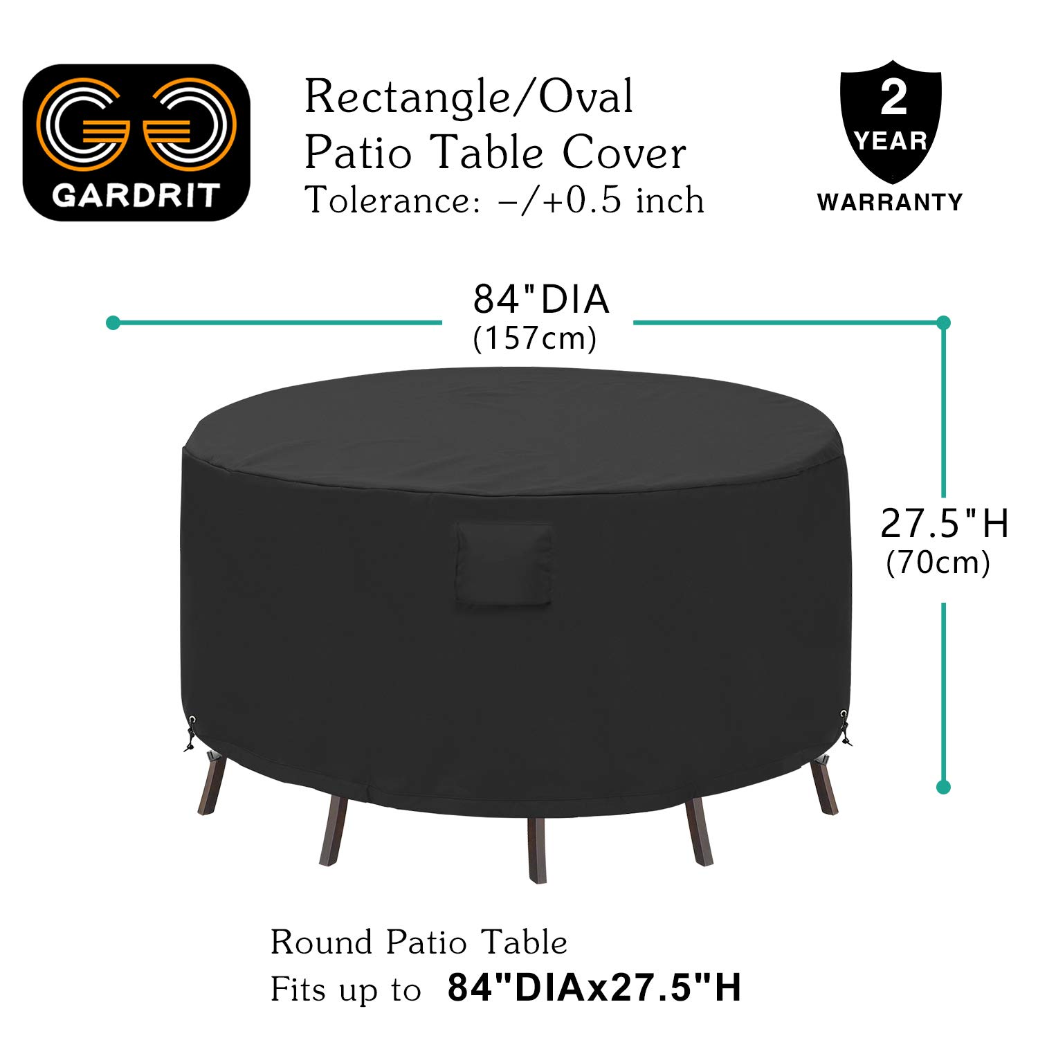 GARDRIT Upgraded Patio Furniture Covers, 100% Waterproof Round Table Chair Set Cover, 600D Heavy Duty Tear-Resistant Anti-Fading Outdoor Furniture Set Covers, 84" DIA x 27.5 H'' Black