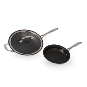 wolfgang puck 3-piece stainless steel skillet set, scratch-resistant non-stick coating, includes a large and small skillet, clear tempered-glass lid, cool touch handles, extra-wide rims