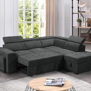 Lilola Home Henrik Dark Gray Sleeper Sectional Sofa with Storage Ottoman and 2 Stools