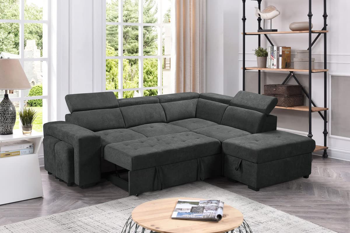 Lilola Home Henrik Dark Gray Sleeper Sectional Sofa with Storage Ottoman and 2 Stools