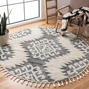 safavieh moroccan tassel shag collection area rug - 8' round, ivory & grey, boho design, non-shedding & easy care, 2-inch thick ideal for high traffic areas in living room, bedroom (mts652f)