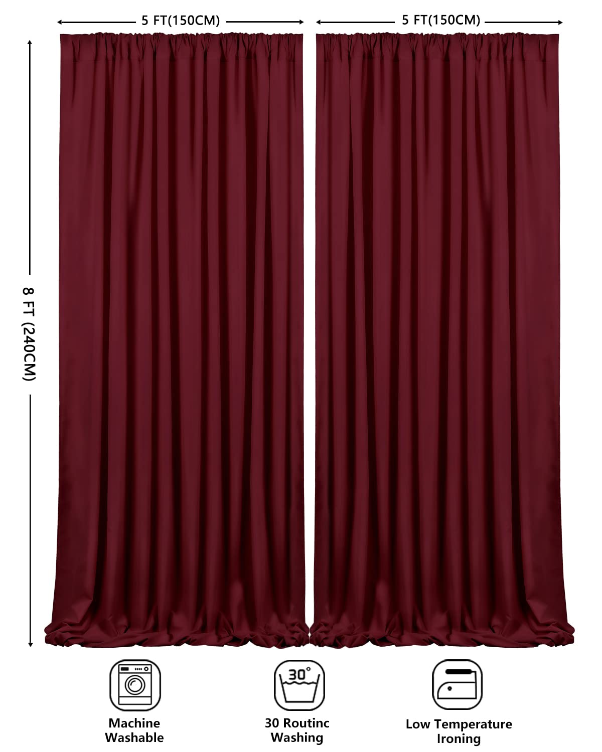 Burgundy Wall Backdrop Polyester Backdrop Curtain Panel Drapes Romantic Stage Fabric 10x8ft for Home Party Backdrop