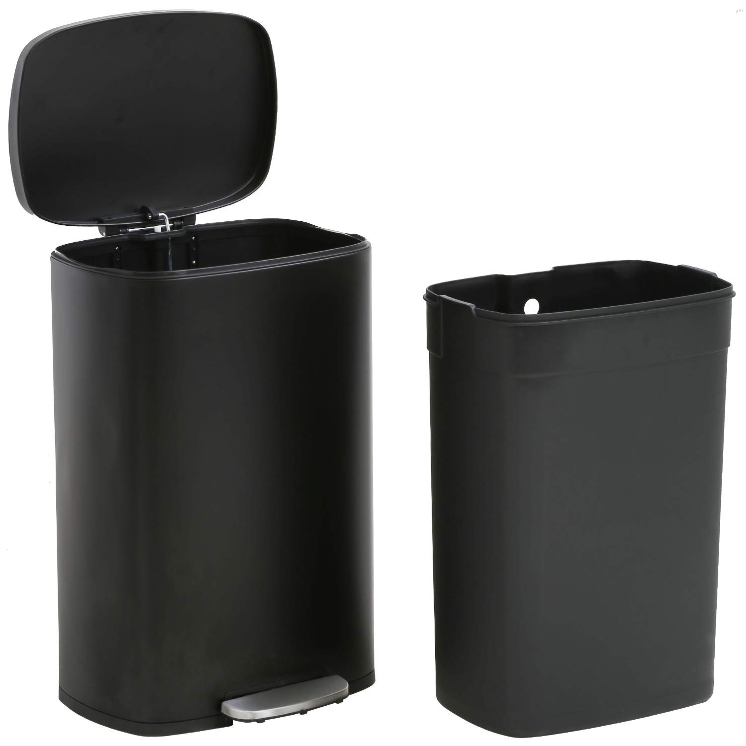 TYYPS 13 Gallon Black Stainless Steel Trash Can with Lid and Inner Plastic Bucket, 50 Liter Capacity, 13" x 13" x 15"