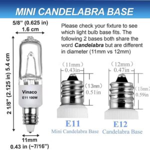 Vinaco E11 Light Bulb, 2 Pack E11 Halogen Bulb 100W Long Lasting Lifespan, T4 E11 Dimmable, High Output 1700LM JDE11 120V 100W with E11 Mini Candelabra Base, 2800K Warm White E11 Bulb