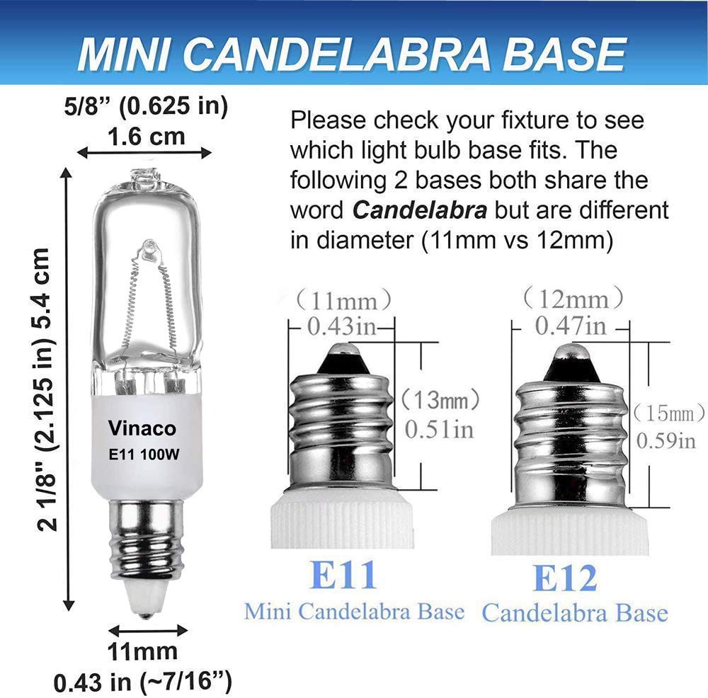 Vinaco E11 Light Bulb, 2 Pack E11 Halogen Bulb 100W Long Lasting Lifespan, T4 E11 Dimmable, High Output 1700LM JDE11 120V 100W with E11 Mini Candelabra Base, 2800K Warm White E11 Bulb