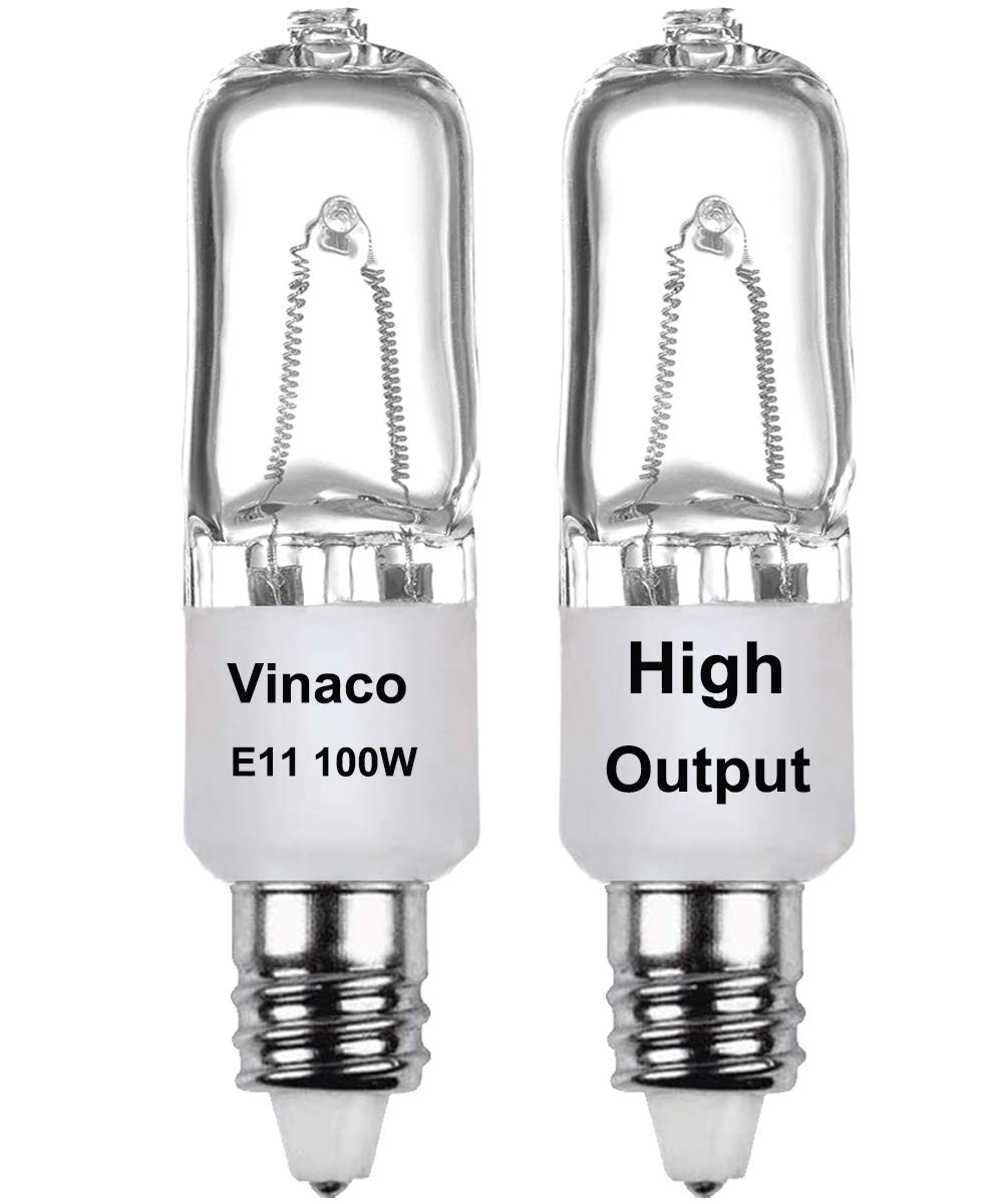 Vinaco E11 Light Bulb, 2 Pack E11 Halogen Bulb 100W Long Lasting Lifespan, T4 E11 Dimmable, High Output 1700LM JDE11 120V 100W with E11 Mini Candelabra Base, 2800K Warm White E11 Bulb