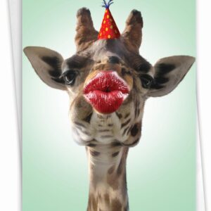 The Best Card Company - 1 Happy Birthday Greeting Card - Adorable Animals, Cute Bday Notecard with Envelope - Wild Kisses Giraffe C9280ABDG